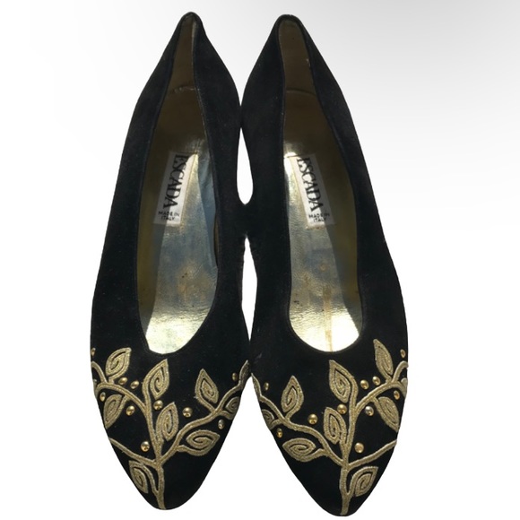 Escada | Shoes | Vintage Escada Black Suede Low Heeled Wedge Pump Gold ...